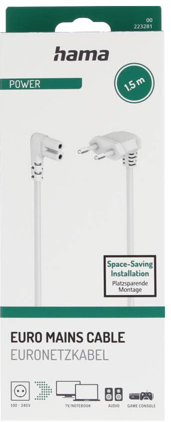 Hama Angled Euro Plug virtajohto 1,5 m (valkoinen) - Gigantti verkkokauppa