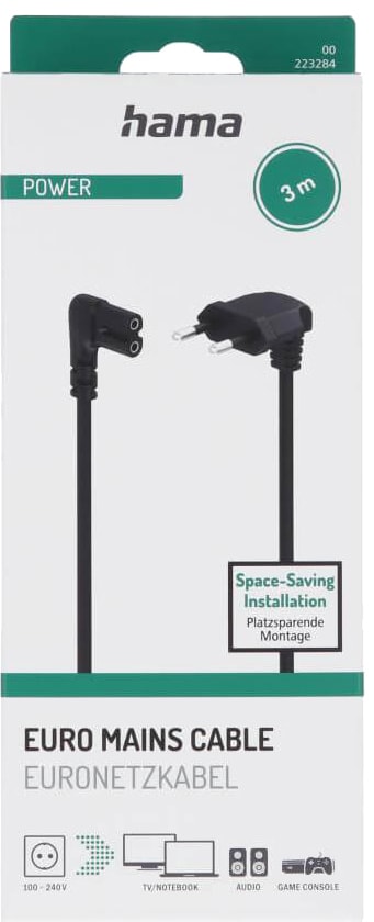 Hama Angled Euro Plug virtajohto 3 m (musta) - Gigantti verkkokauppa