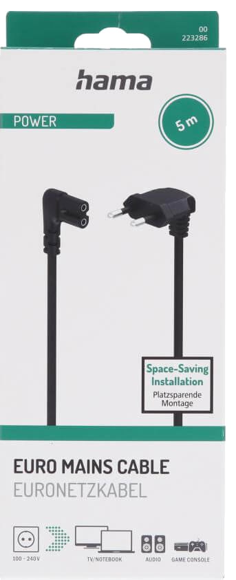 Hama Angled Euro Plug virtajohto 5 m (musta) - Gigantti verkkokauppa