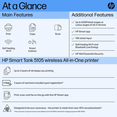 HP Smart Tank 5105 AIO Inkjet monitoimitulostin - Gigantti verkkokauppa