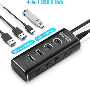 NÖRDIC 4-port Powered USB-C Hub 10Gbps with 2 USB-A & 2 USB-C Data ...